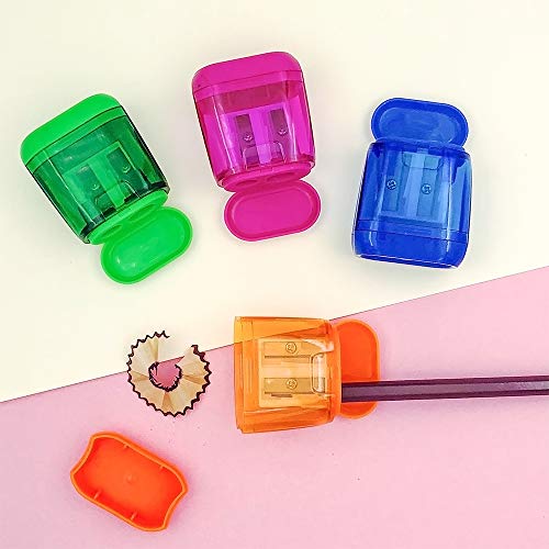 4PCS Manual Pencil Sharpener,Double Holes Colored Prism Pencil Sharpeners with lid for Kids,Suitable for School,Office,Home