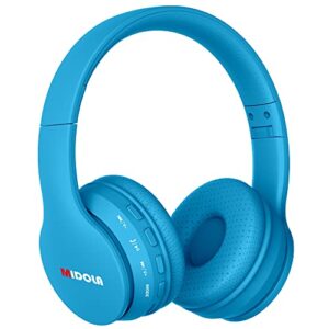 midola headphones bluetooth wireless kids volume limit 85db /110db over ear foldable noise protection headset aux 3.5mm cord mic for children boy girl travel school phone pad tablet pc blue