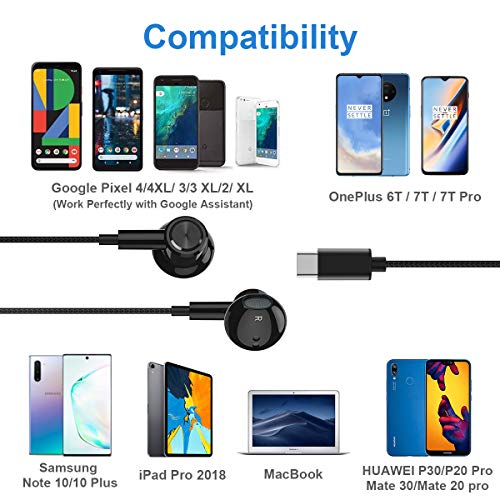 USB C Headphone, WamGra USB C Headphones with Microphone, HiFi Stereo Braided Magnetic USB C Earbuds, Type C Headphone for Google Pixel 4 3 2 XL,MacBook,iPad Pro 2018,OnePlus 6T/7T Pro,Samsung Note 10