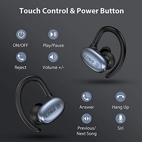 Losei Bluetooth Headphones, Sports True Wireless Earbuds Touch Control Earphones Bass Stereo Sound TWS Ear Hooks Headset with Charging Case & Mic for Running/Working Out/Gym