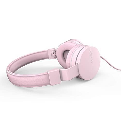 LORELEI L-01 On-Ear Kids Headphones with Microphone, Lightweight Folding Stereo Bass Headphones with 1.5M No-Tangle Cord, Portable Wired Headphones(Pink)