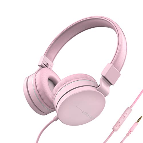 LORELEI L-01 On-Ear Kids Headphones with Microphone, Lightweight Folding Stereo Bass Headphones with 1.5M No-Tangle Cord, Portable Wired Headphones(Pink)