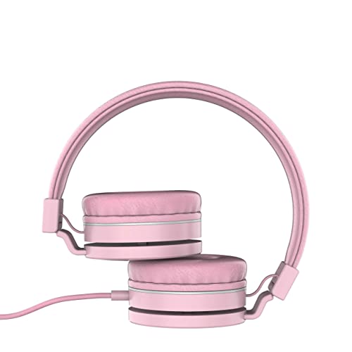 LORELEI L-01 On-Ear Kids Headphones with Microphone, Lightweight Folding Stereo Bass Headphones with 1.5M No-Tangle Cord, Portable Wired Headphones(Pink)