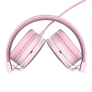 LORELEI L-01 On-Ear Kids Headphones with Microphone, Lightweight Folding Stereo Bass Headphones with 1.5M No-Tangle Cord, Portable Wired Headphones(Pink)