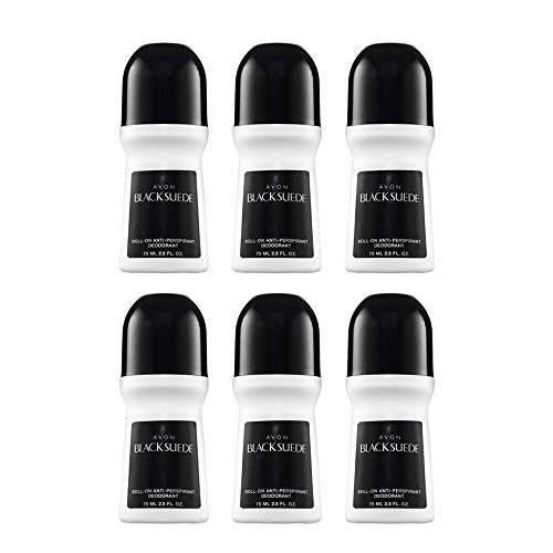 Avon Deododorant Men's Roll-on Black Suede, Anti-Whitening, Non-Staining, Quick-Drying Formula, 2.6oz/75ml. Pack of 6