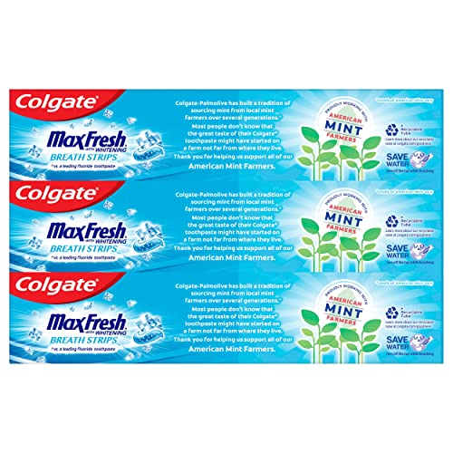 Colgate Max Fresh with Whitening Toothpaste with Mini Breath Strips, Cool Mint Toothpaste for Bad Breath, 6.3 Oz Tube. 3 Pack