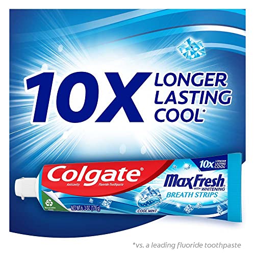 Colgate Max Fresh with Whitening Toothpaste with Mini Breath Strips, Cool Mint Toothpaste for Bad Breath, 6.3 Oz Tube. 3 Pack