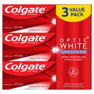 colgate optic white advanced teeth whitening toothpaste, 2% hydrogen peroxide toothpaste, sparkling white, 3.2 oz, 3 pack