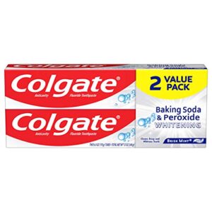 colgate baking soda and peroxide toothpaste, whitening baking soda toothpaste, brisk mint flavor, whitens teeth, fights cavities and removes surface stains for whiter teeth, 6 oz tube, 2 pack