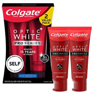 colgate optic white pro series whitening toothpaste with 5% hydrogen peroxide, stain prevention, 3 oz tube, 2 pack