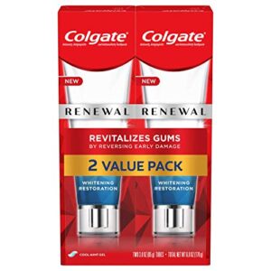 colgate renewal gum protection whitening toothpaste gel, mint gel toothpaste for gingivitis and teeth whitening restoration, sugar free, enamel safe, gluten free, vegan, 2 pack, 3 oz tubes