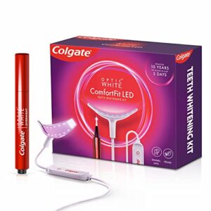 colgate optic white comfortfit teeth whitening kit with led light and whitening pen, led teeth whitening kit, enamel safe, works with iphone and android