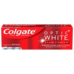 colgate optic white stain fighter whitening toothpaste, clean mint flavor, safely removes surface stains, enamel-safe for daily use, teeth whitening toothpaste with fluoride, 4.2 oz tube