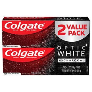 colgate optic white with charcoal whitening toothpaste, cool mint flavor, safely removes surface stains, enamel-safe for daily use, teeth whitening toothpaste with fluoride, 2 pack, 4.2 oz tube