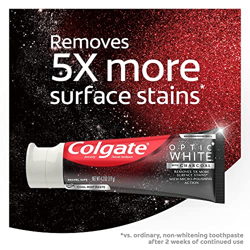 Colgate Optic White with Charcoal Whitening Toothpaste, Cool Mint Flavor, Safely Removes Surface Stains, Enamel-Safe for Daily Use, Teeth Whitening Toothpaste with Fluoride, 2 Pack, 4.2 Oz Tube