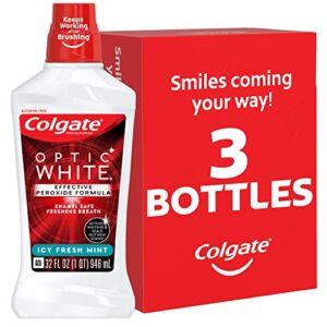 colgate optic white whitening mouthwash, 2% hydrogen peroxide, fresh mint, 32 ounce, 3 pack (packaging may vary)