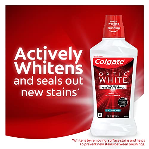 Colgate Optic White Whitening Mouthwash, 2% Hydrogen Peroxide, Fresh Mint, 32 Ounce, 3 Pack (Packaging May Vary)