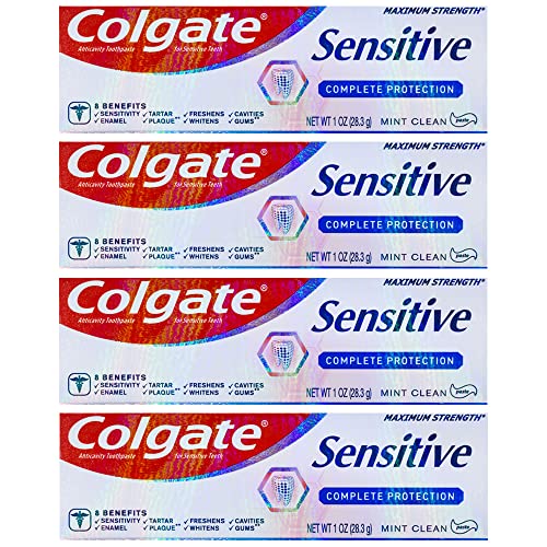 Colgate Sensitive Complete Protection Toothpaste, Maximum Strength, Clean Mint, Travel Size 1 oz (28.3g) - Pack of 4