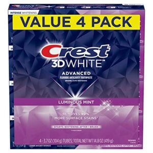 crest 3d white toothpaste, advanced luminous mint, teeth whitening toothpaste, 3.7 oz (pack of 4)