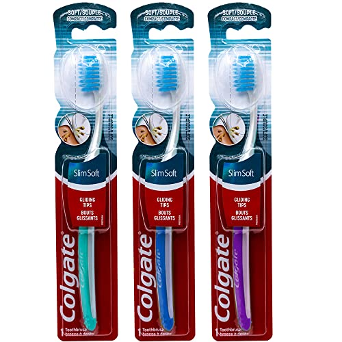 Colgate Slim Soft Toothbrush, Gliding Tips, Compact Soft (Colors Vary) - Pack of 3