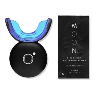 moon teeth whitening kit with led light, wireless, 5 minute treatment, gentle on teeth, helps remove stains from coffee, smoking, wine, soda