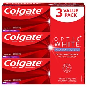 colgate optic white advanced teeth whitening toothpaste, vibrant clean, 3.2 ounce tube, 3 pack