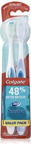 colgate 360 extra soft toothbrush for sensitive teeth and gums with tongue and cheek cleaner, 2 pack