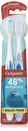 Colgate 360 Extra Soft Toothbrush for Sensitive Teeth and Gums with Tongue and Cheek Cleaner, 2 Pack