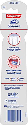 Colgate 360 Extra Soft Toothbrush for Sensitive Teeth and Gums with Tongue and Cheek Cleaner, 2 Pack