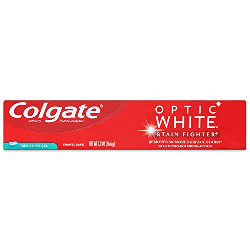 Colgate Optic White Toothpaste, Stain Fighter, Fresh Mint Gel, Travel Size 2.0 oz (56.6g) - Pack of 8