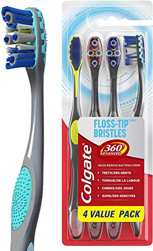 Colgate 360 Advanced Floss Tip Toothbrush, Soft Toothbrush for Adults, 4 Pack