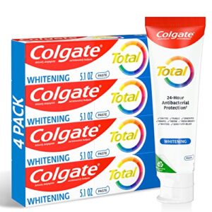 colgate total whitening toothpaste, 10 benefits, no trade-offs, freshens breath, whitens teeth and provides sensitivity relief, mint flavor, 4 pack, 5.1 oz tubes