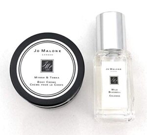 jo malone myrrh & tonka cream 15ml / .5oz and wild bluebell cologne 9ml/ .3oz. a mini travel size set