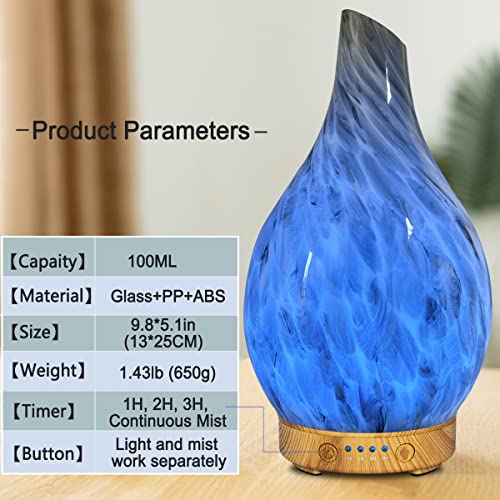 Glass Essential Oil Diffuser, 100ML Cool Mist Humidifier Aromatherapy Diffuser for Essential Oils 7 Colors Night Light Timer Ultrasonic Aroma Diffuser Auto-Off Protection for Home (Grey Shell)