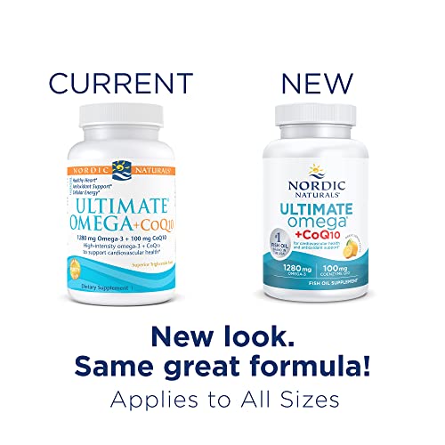 Nordic Naturals Ultimate Omega + CoQ10, Lemon - 120 Soft Gels - 1280 mg Omega-3 + 100 mg CoQ10 - Heart Health, Cellular Energy, Antioxidant Support - Non-GMO - 60 Servings