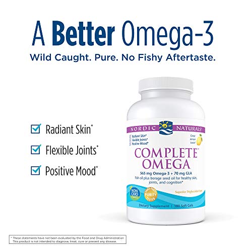 Nordic Naturals Complete Omega, Lemon Flavor - 180 Soft Gels - 565 mg Omega-3 - EPA & DHA with Added GLA - Healthy Skin & Joints, Cognition, Positive Mood - Non-GMO - 90 Servings