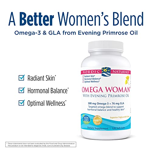 Nordic Naturals Omega Woman, Lemon - 120 Soft Gels - 500 mg Omega-3 + 800 mg Evening Primrose Oil - Healthy Skin, Hormonal Balance, Optimal Wellness - Non-GMO - 60 Servings