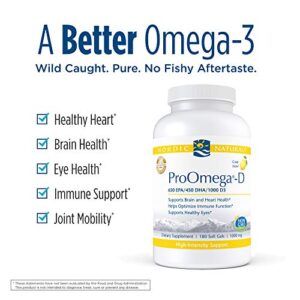 Nordic Naturals ProOmega-D, Lemon Flavor - 180 Soft Gels - 1280 mg Omega-3 + 1000 IU D3 - High-Potency Fish Oil - EPA & DHA - Brain, Eye, Heart, Joint, & Immune Health - Non-GMO - 90 Servings