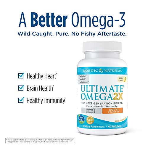 Nordic Naturals Ultimate Omega 2X with Vitamin D3, Lemon Flavor - 60 Soft Gels - 2150 mg Omega-3 + 1000 IU D3 - Omega-3 Fish Oil - EPA & DHA - Brain, Heart, Joint, & Immune Health - 30 Servings