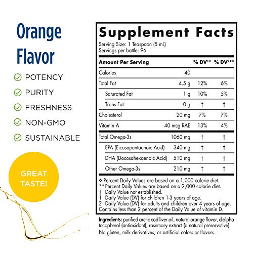 Nordic Naturals Arctic Cod Liver Oil, Orange - 16 oz - 1060 mg Total Omega-3s with EPA & DHA - Heart & Brain Health, Healthy Immunity, Overall Wellness - Non-GMO - 96 Servings