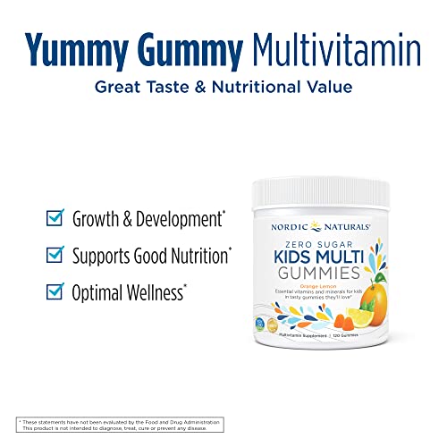 Nordic Naturals Zero Sugar Kids Multi Gummies, Orange Lemon - 120 Gummies - Great-Tasting Multivitamin for Ages 4+ - Supports Growth & Development - Non-GMO, Vegetarian - 30 Servings