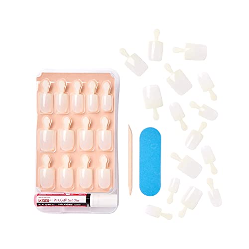 KISS Salon Acrylic Natural Nails, “Brief Encounter”, Real Short, Ultra-Smooth Finish, DIY At-Home Manicure Kit with Pink Gel Nail Glue, Mini File, Manicure Stick, and 28 Nails in 14 sizes