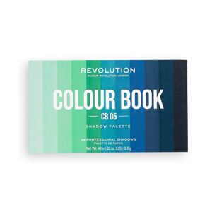 makeup revolution color book eyeshadow palette, 24 shimmer hues & 24 matte shades, blues, cruelty-free, green & yellow tones, 0.96 oz