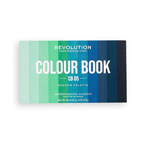 Makeup Revolution Color Book Eyeshadow Palette, 24 Shimmer Hues & 24 Matte Shades, Blues, Cruelty-Free, Green & Yellow Tones, 0.96 Oz