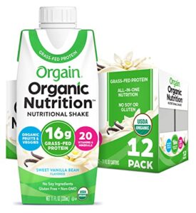 orgain organic nutritional shake, vanilla bean – meal replacement, 16g grass fed whey protein, 20 vitamins & minerals, gluten free, soy free, kosher, non-gmo, 11 fl oz (pack of 12)