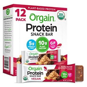 Orgain Organic Plant Based Protein Bar, Peanut Butter Chocolate Chunk - 10g of Protein, Vegan, Gluten Free, Non Dairy, Soy Free, Lactose Free, Kosher, Non-GMO, 1.41 Ounce, 12 Count(Packaging May Vary)