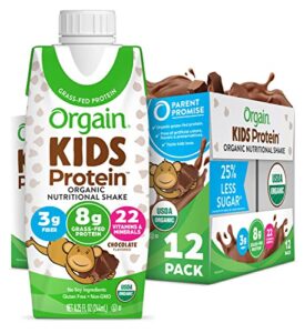 orgain organic kids protein nutritional shake, chocolate – 8g of protein, 22 vitamins & minerals, fruits & vegetables, gluten free, soy free, non-gmo, 8.25 fl oz (pack of 12)