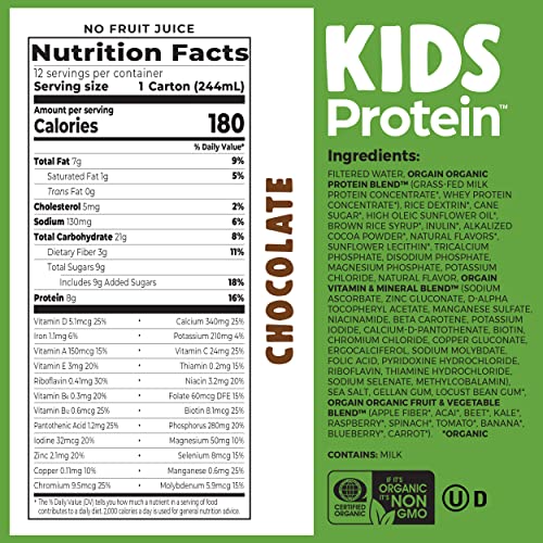 Orgain Organic Kids Protein Nutritional Shake, Chocolate - 8g of Protein, 22 Vitamins & Minerals, Fruits & Vegetables, Gluten Free, Soy Free, Non-GMO, 8.25 Fl Oz (Pack of 12)