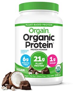 orgain vegan protein powder, chocolate coconut – 21g of plant based, low net carbs, non dairy, gluten, lactose free, no sugar added, soy free, kosher, non-gmo, 2.03 pound