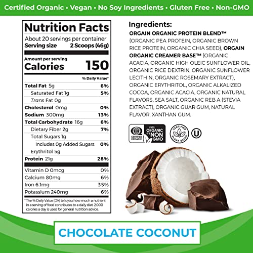 Orgain Vegan Protein Powder, Chocolate Coconut - 21g of Plant Based, Low Net Carbs, Non Dairy, Gluten, Lactose Free, No Sugar Added, Soy Free, Kosher, Non-GMO, 2.03 Pound